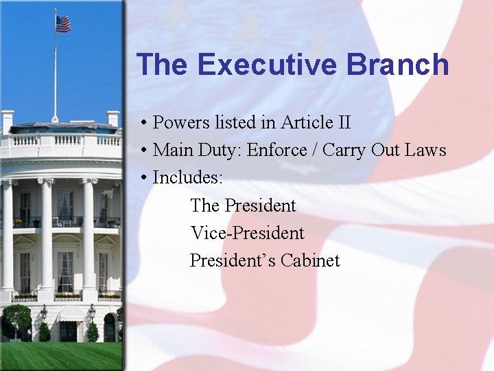 The President The Executive Branch Powers listed in