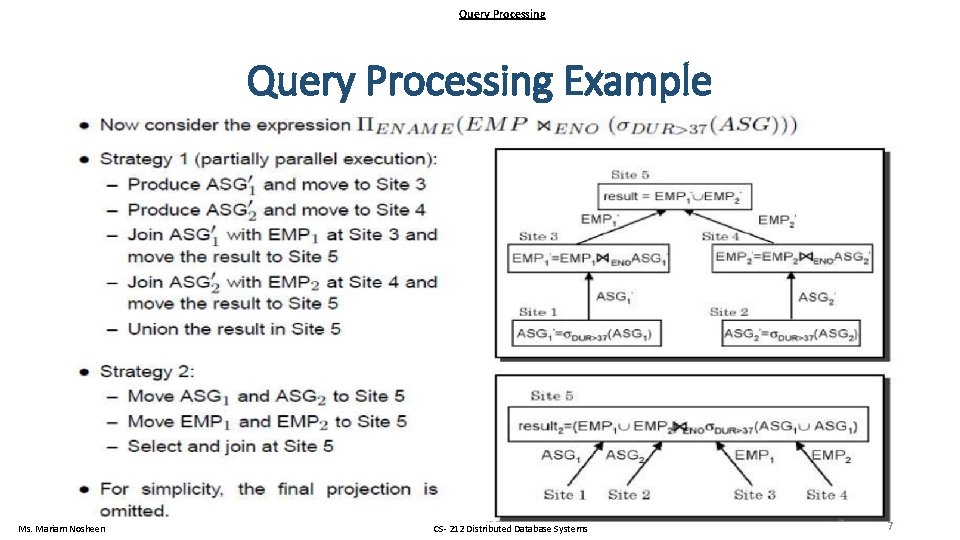 CS 212 Distributed Database Systems Query Processing Part