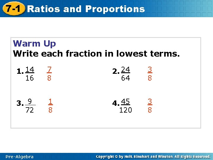 7 1 Ratios and Proportions PreAlgebra Homework Page