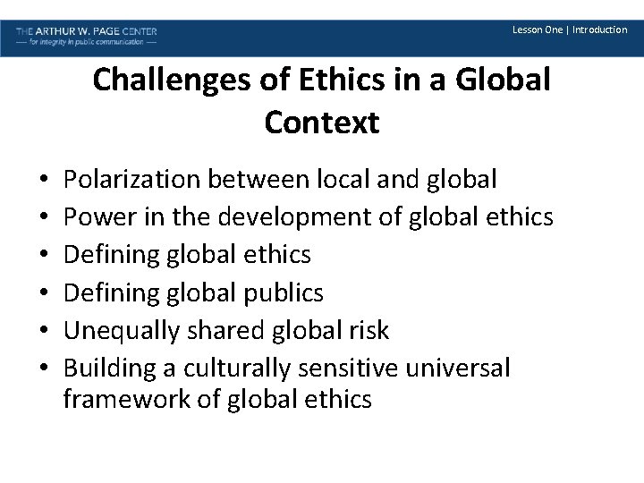 Ethics in a Global Context Module Six Lesson