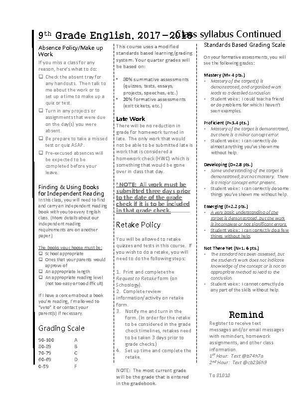 Name ELA Class Class syllabus Your Binder ENGLISH