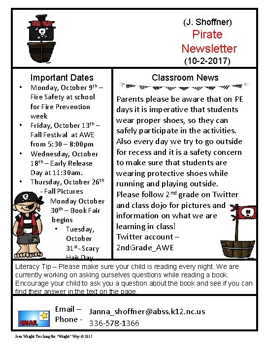 Pirate Theme Newsletter freebie by Jean Wright Teaching