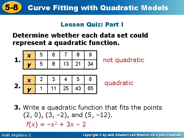 5 8 Curve Fitting with Quadratic Models Objectives
