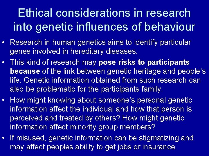 Genetics Behavior A focus on ethics IB syllabus