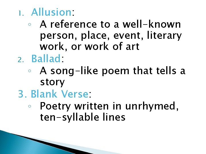 Poetry Vocabulary Allusion A reference to a wellknown