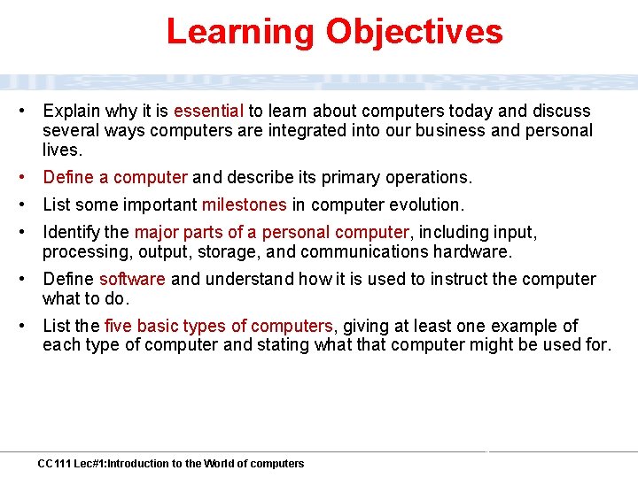 Introduction to Computers Aims and Objectives Upon completion