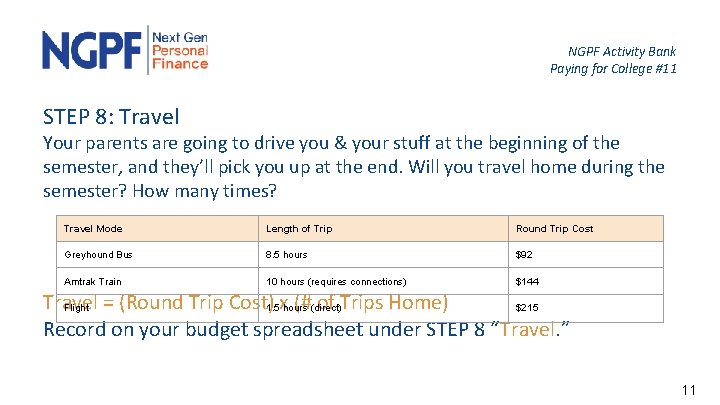NGPF Activity Bank Paying for College 11 Monthly