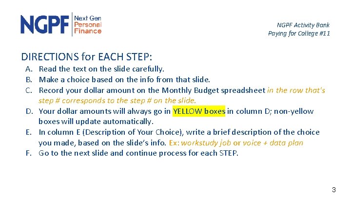 NGPF Activity Bank Paying for College 11 Monthly
