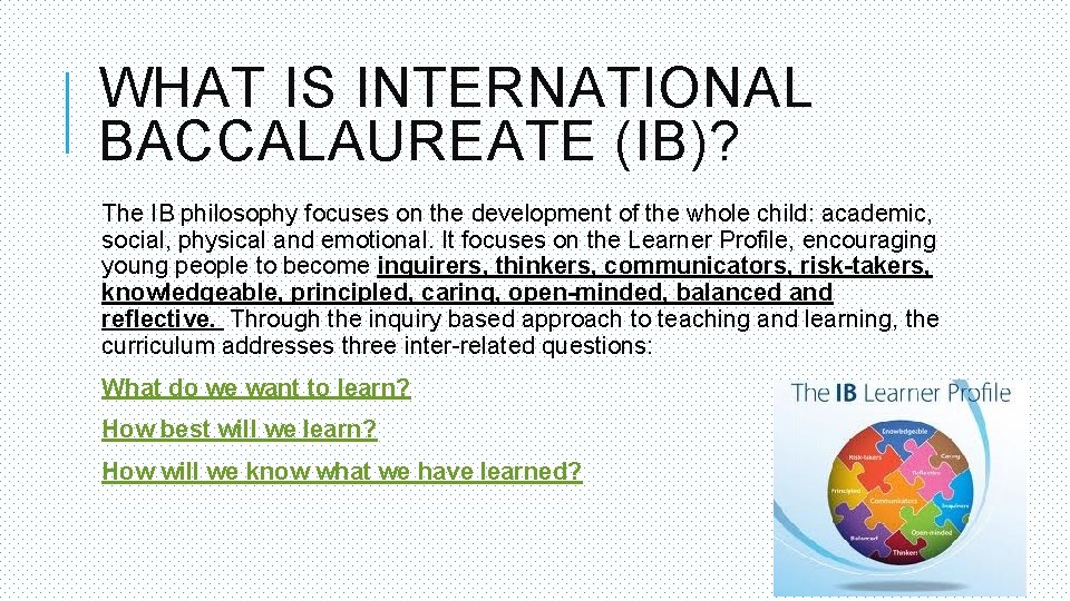 IB PYP PRESENTATION The Learning Portrait As you