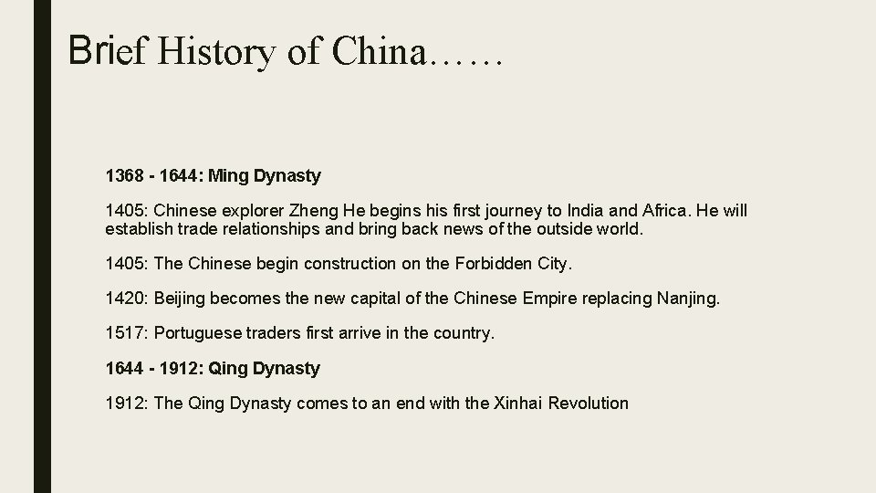 CHINA Brief History of China 8000 2205 BC