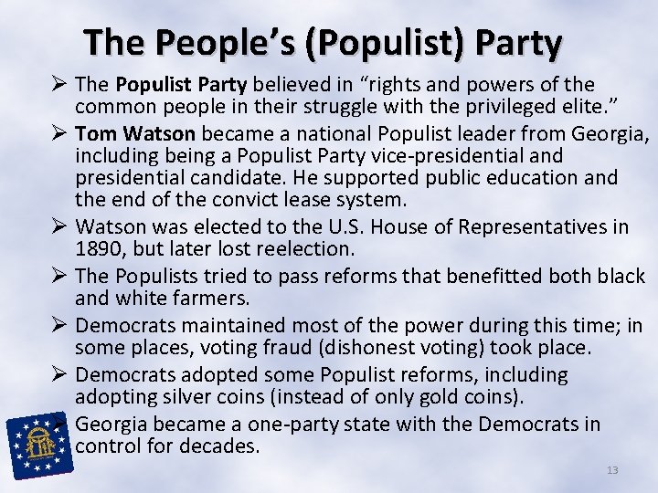 Chapter 18 Bourbons Populists and Progressives STUDY PRESENTATION