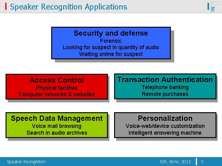 Speaker Recognition Oldich Plchot Pavel Matjka SpeechFIT Brno
