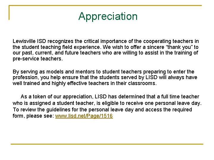 Cooperating Teacher Orientation Presented by the Employee Services