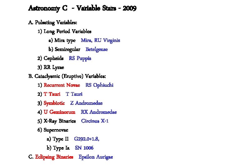 Astronomy C Variable Stars 2009 A Pulsating Variables