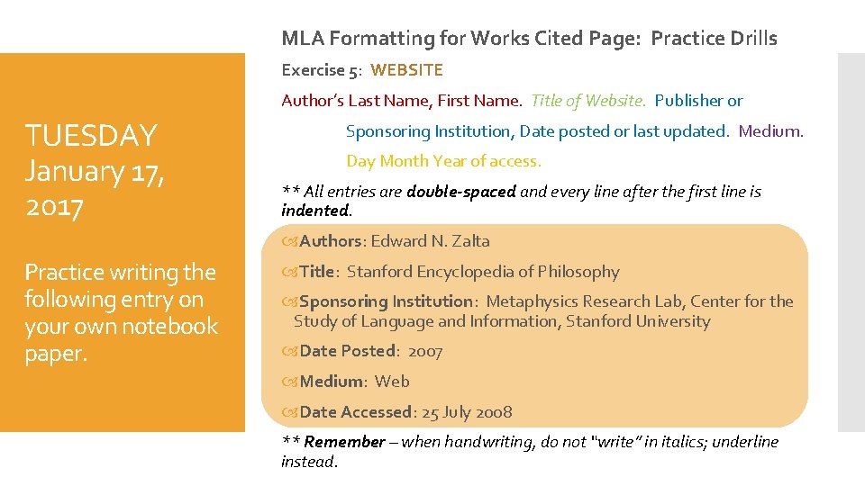 MLA Formatting Bell Ringers 8 th Grade English