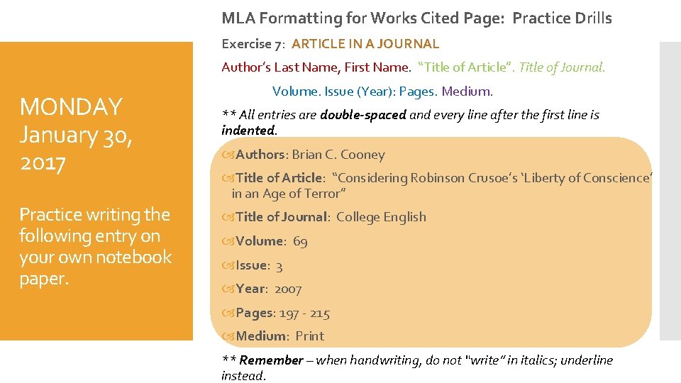 MLA Formatting Bell Ringers 8 th Grade English