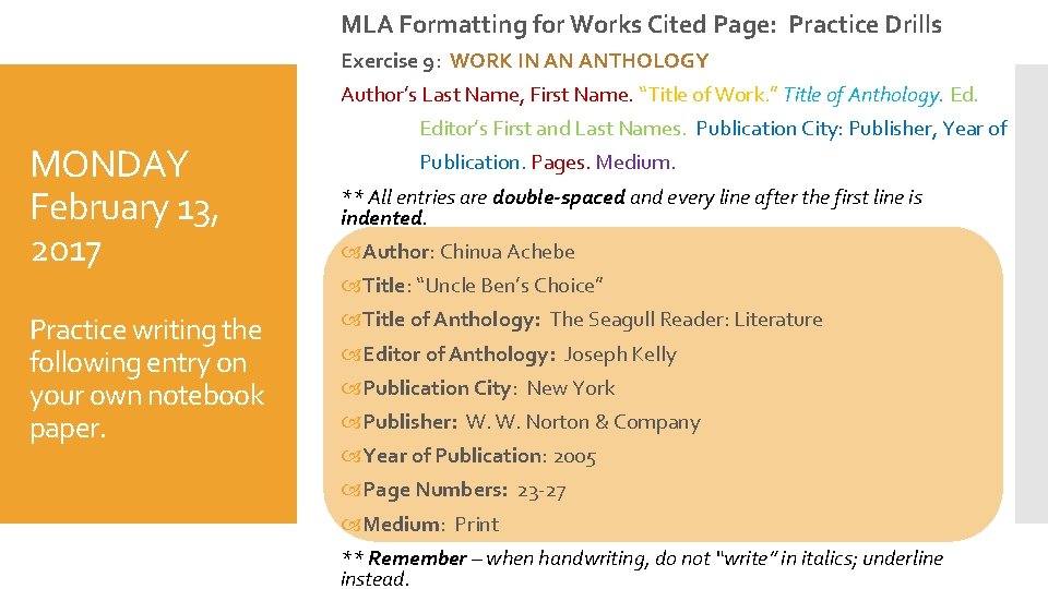 MLA Formatting Bell Ringers 8 th Grade English