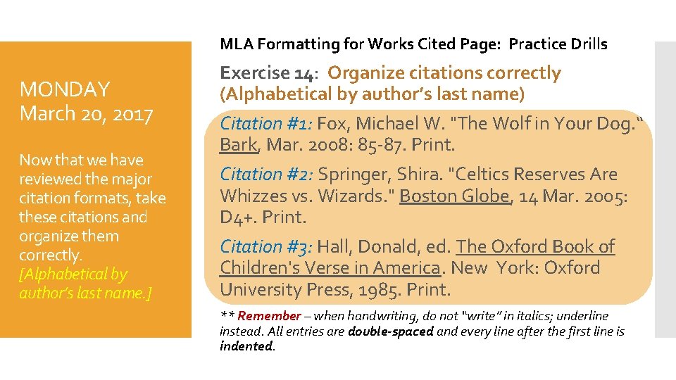 MLA Formatting Bell Ringers 8 th Grade English
