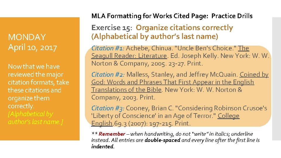 MLA Formatting Bell Ringers 8 th Grade English