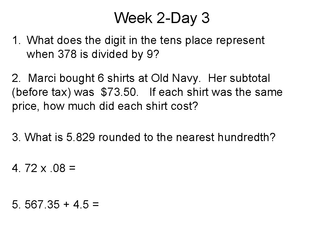 6 th Grade Math Review Benchmark 1 Week