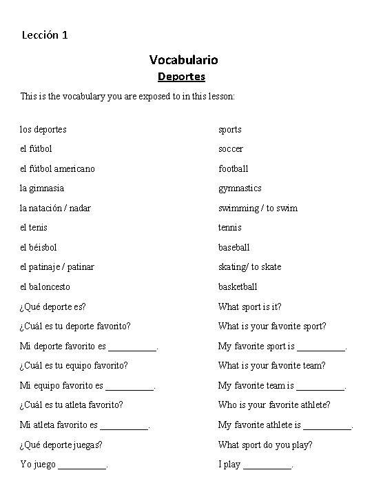 Nombre Los deportes y los pasatiempos 5 to