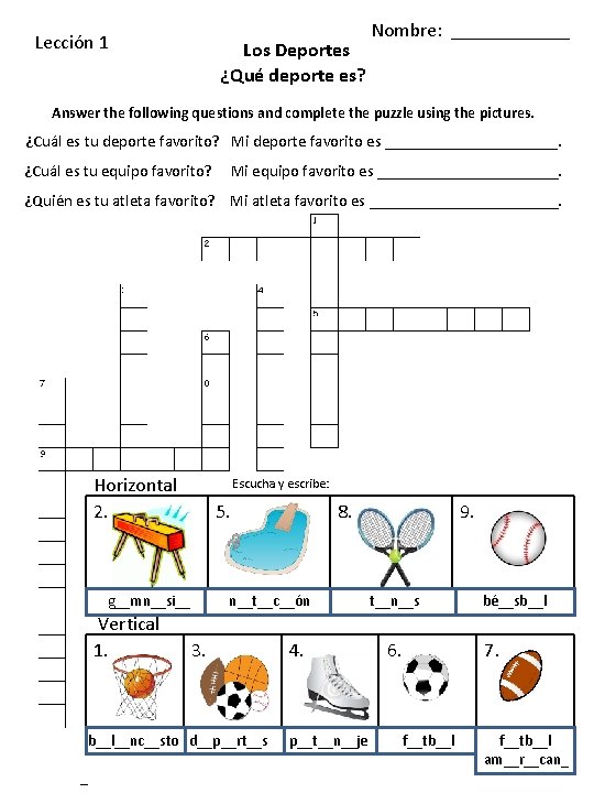 Nombre Los deportes y los pasatiempos 5 to