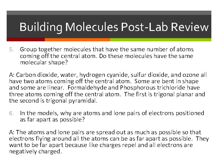 Building Models of Molecules Lab Answers to PostLab