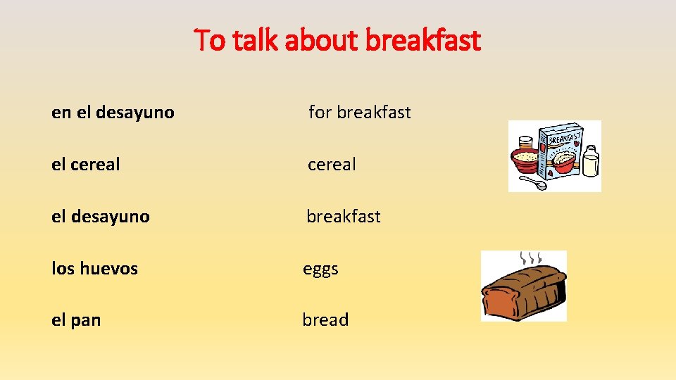 Vocabulario 3 A To talk about breakfast en