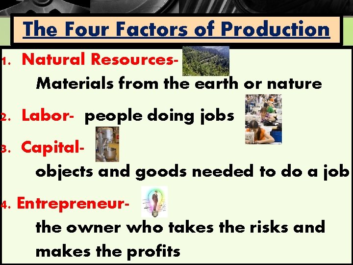 ELABORATE The Four Factors of Production 1 Think