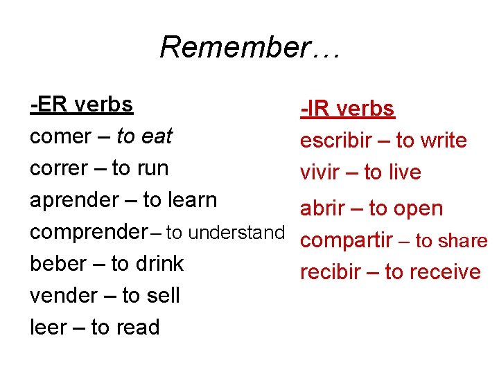 ER verb review and IR verbs Games for
