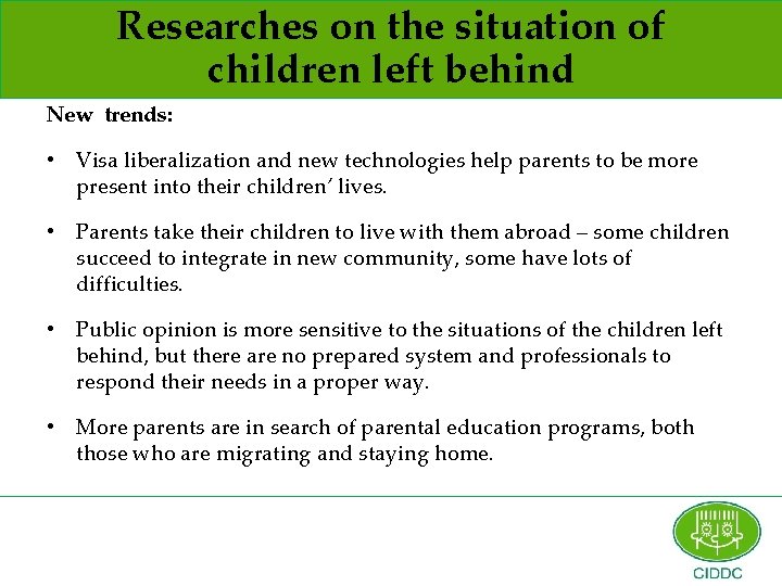 Activities to support children left behind by migrating