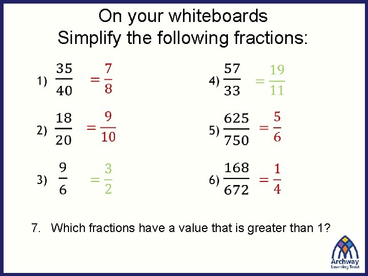 On your whiteboards Simplify the following fractions 7