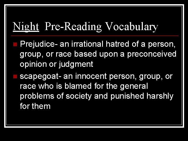Night by Elie Wiesel Prereading Vocabulary By Ms