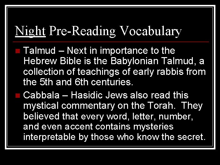 Night by Elie Wiesel Prereading Vocabulary By Ms