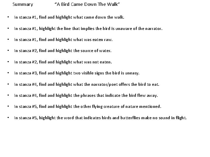 Guided Highlighted Reading using poetry A Bird Came