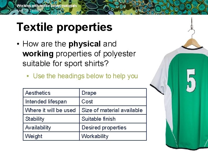Title Textiles Working with textile based materials Objectives