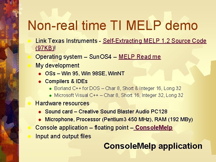 MixedExcitation Linear Predictive Coder MELP codec demonstration Subject