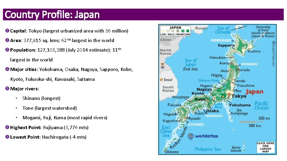 JAPAN Country Profile Japan Capital Tokyo largest urbanized