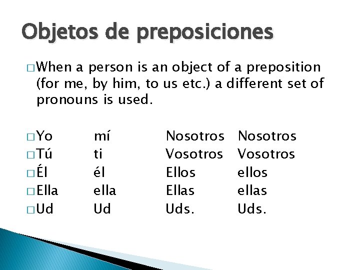Preposiciones y objetos de preposiciones Prepositions and Objects