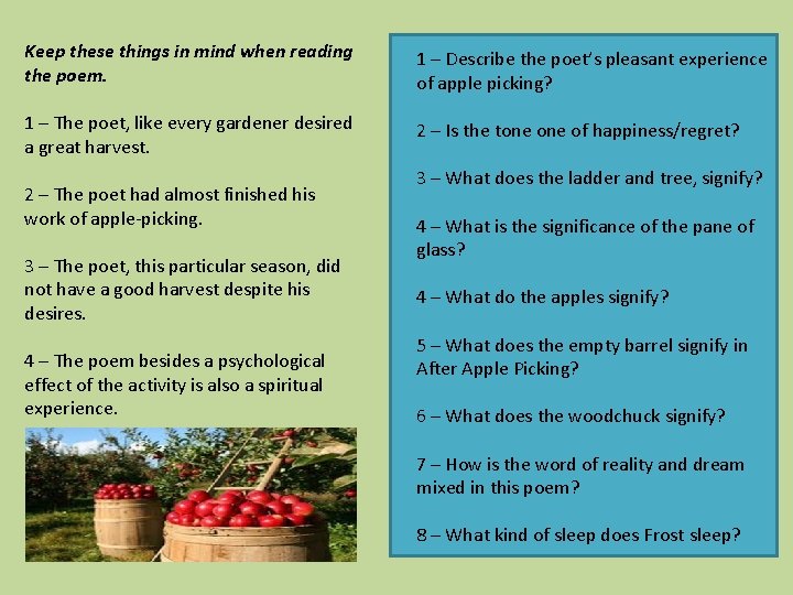 After Apple Picking 1914 Lesson Objectives To develop