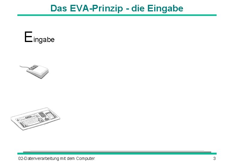 Grundlegende Funktionsweise eines Computers EVAPrinzip Eingabe Verarbeitung Ausgabe