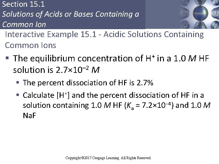 Chapter 15 AcidBase Equilibria Copyright 2017 Cengage Learning