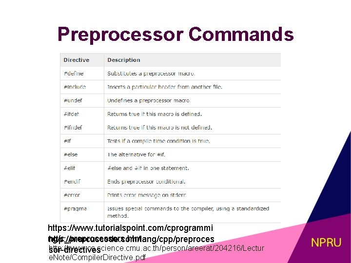 Preprocessor Commands Functions Variables Statements Expressions Comments http