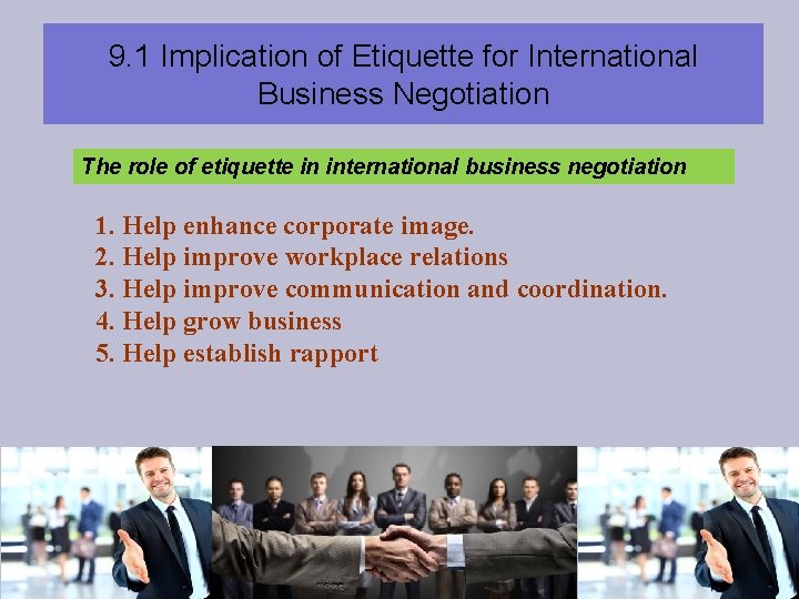 Chapter 9 Etiquette of International Business Negotiation Learning