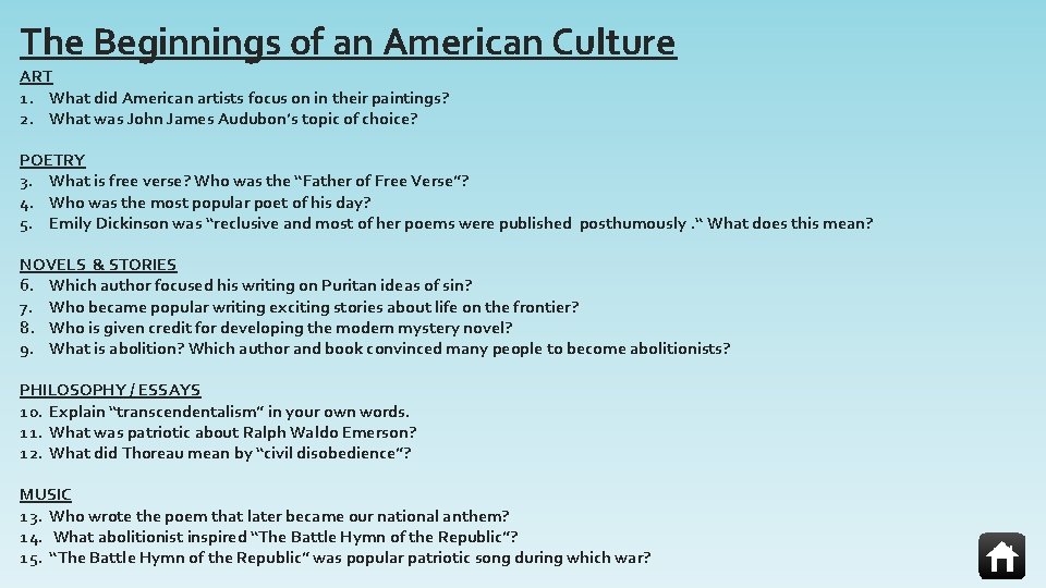 The Beginnings of an American Culture Art Literature