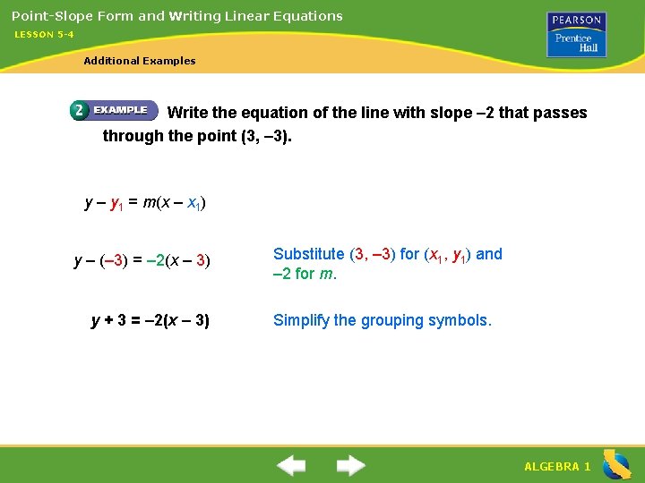 Lesson 5 4 WarmUp ALGEBRA 1 PointSlope Form