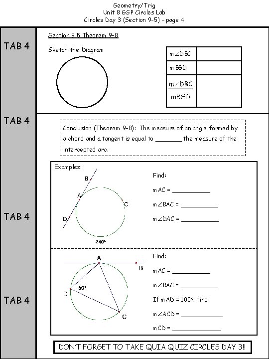 GeometryTrig Unit 8 GSP Circles Lab Circles Day