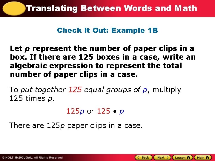 Translating Between Words and Math Warm Up Evaluate
