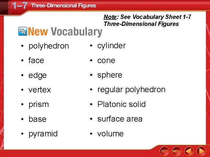 LESSON 1 7 THREEDIMENSIONAL FIGURES Note See Vocabulary