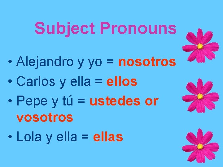 Los Pronombres pronouns Subject Pronouns In this presentation